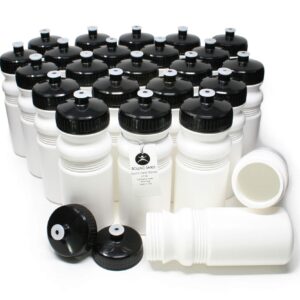 Rolling Sands 20 Ounce Sports Water Bottles 24 Pack, BPA-Free, Made in USA, Dishwasher Safe, White Bottles/Black Lids