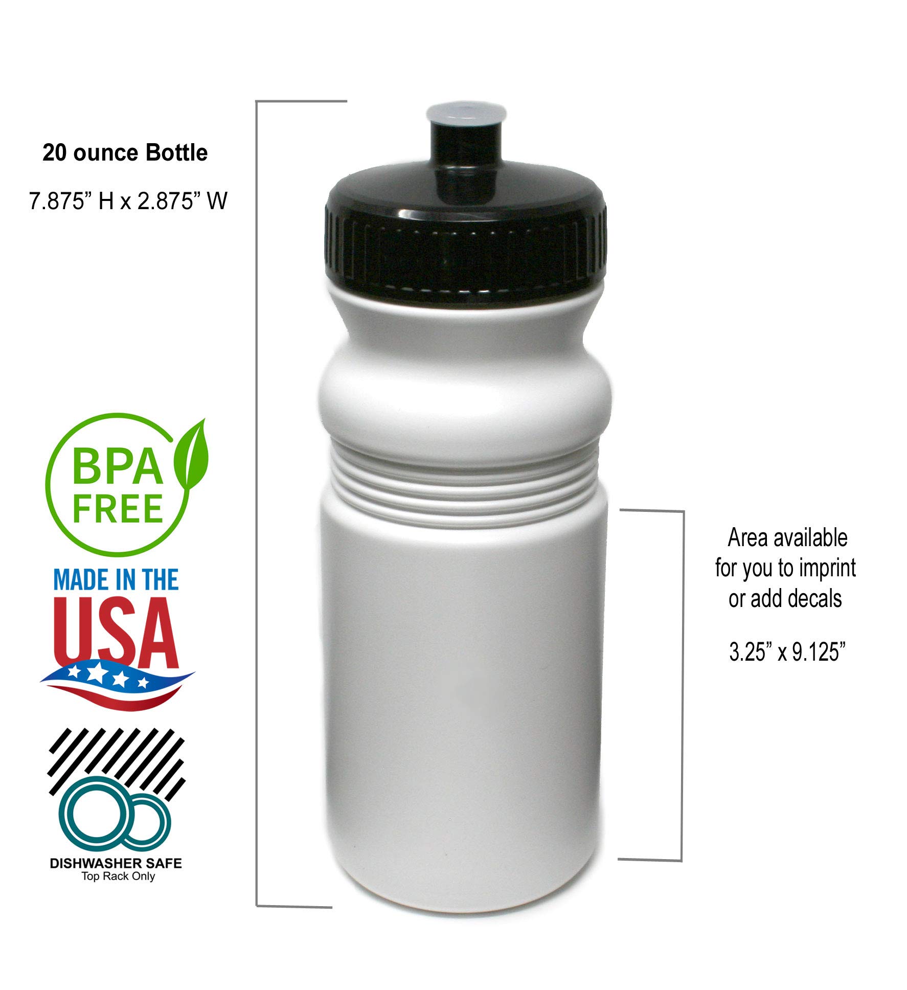 Rolling Sands 20 Ounce Sports Water Bottles 24 Pack, BPA-Free, Made in USA, Dishwasher Safe, White Bottles/Black Lids