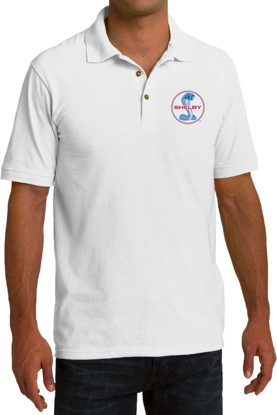 Ford Shelby Blue and Red Logo Pocket Print Pique Polo, White XL