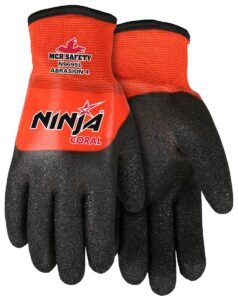 mcr safety ninja coral n9695 work gloves, 15 gauge orange nylon shell, black coating with full pvc dip, medium