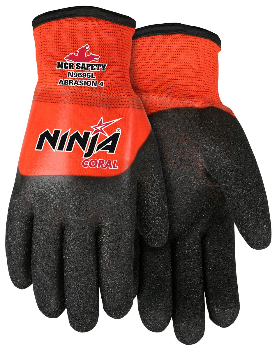 MCR Safety Ninja Coral N9695 Work Gloves, 15 Gauge Orange Nylon Shell, Black Coating with Full PVC DIP, Medium