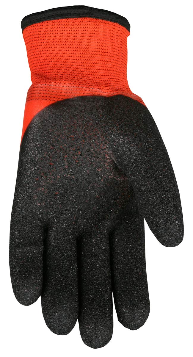 MCR Safety Ninja Coral N9695 Work Gloves, 15 Gauge Orange Nylon Shell, Black Coating with Full PVC DIP, Medium