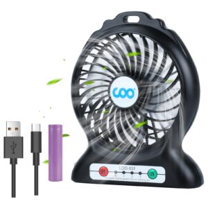 coo mini portable battery operated desk fan with flashlight, 3 speeds adjustable, rechargeable small desk fan for home office bedroom outdoor backpacking camping, 4.5 inch, black