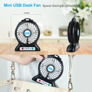 COO Mini Portable Battery Operated Desk Fan with Flashlight, 3 Speeds Adjustable, Rechargeable Small Desk Fan for Home Office Bedroom Outdoor Backpacking Camping, 4.5 Inch, Black