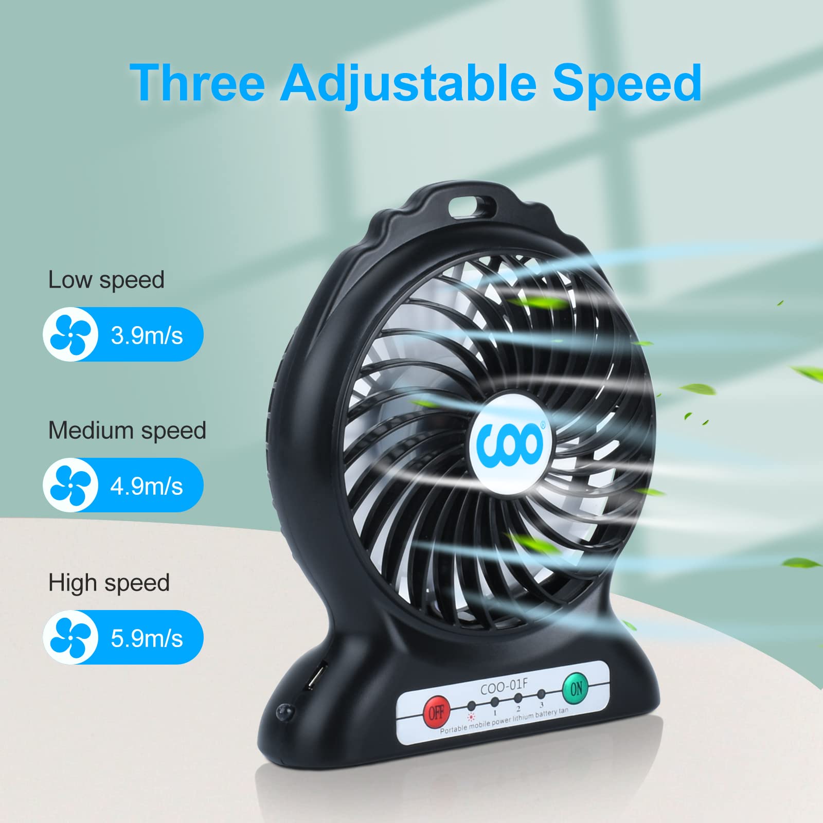 COO Mini Portable Battery Operated Desk Fan with Flashlight, 3 Speeds Adjustable, Rechargeable Small Desk Fan for Home Office Bedroom Outdoor Backpacking Camping, 4.5 Inch, Black