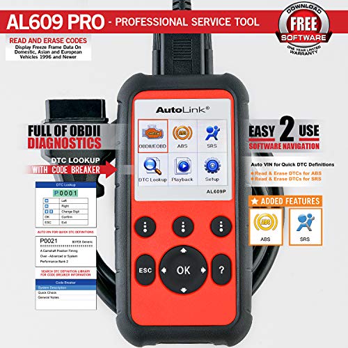 Autel AutoLink AL609P OBD2 Scanner Diagnostic Tool with ABS SRS, Turn Off Check Engine Light (MIL) & ABS/SRS Warning Light, Reset Monitors, AutoVIN, Live Data, DTC-Lookup, AL619 AL519 AL319 Upgrade