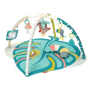 infantino 4-in-1 deluxe twist & fold activity gym & play mat, tropical - includes linkable toys, musical monkey, mirror and bolster pillow, for newborns, babies and toddlers