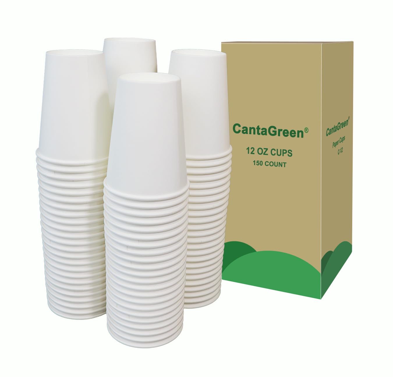 CantaGreen 150 Count 12 OZ Heavy-duty Paper Coffee Cups, White Disposable Cup for Hot and Cold Beverage