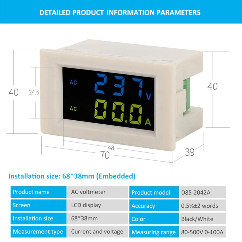 LCD Voltmeter, D85-2042A Double Digital Display LCD Voltmeter Ammeter AC80-500V Voltage Meter Current Meter Tester