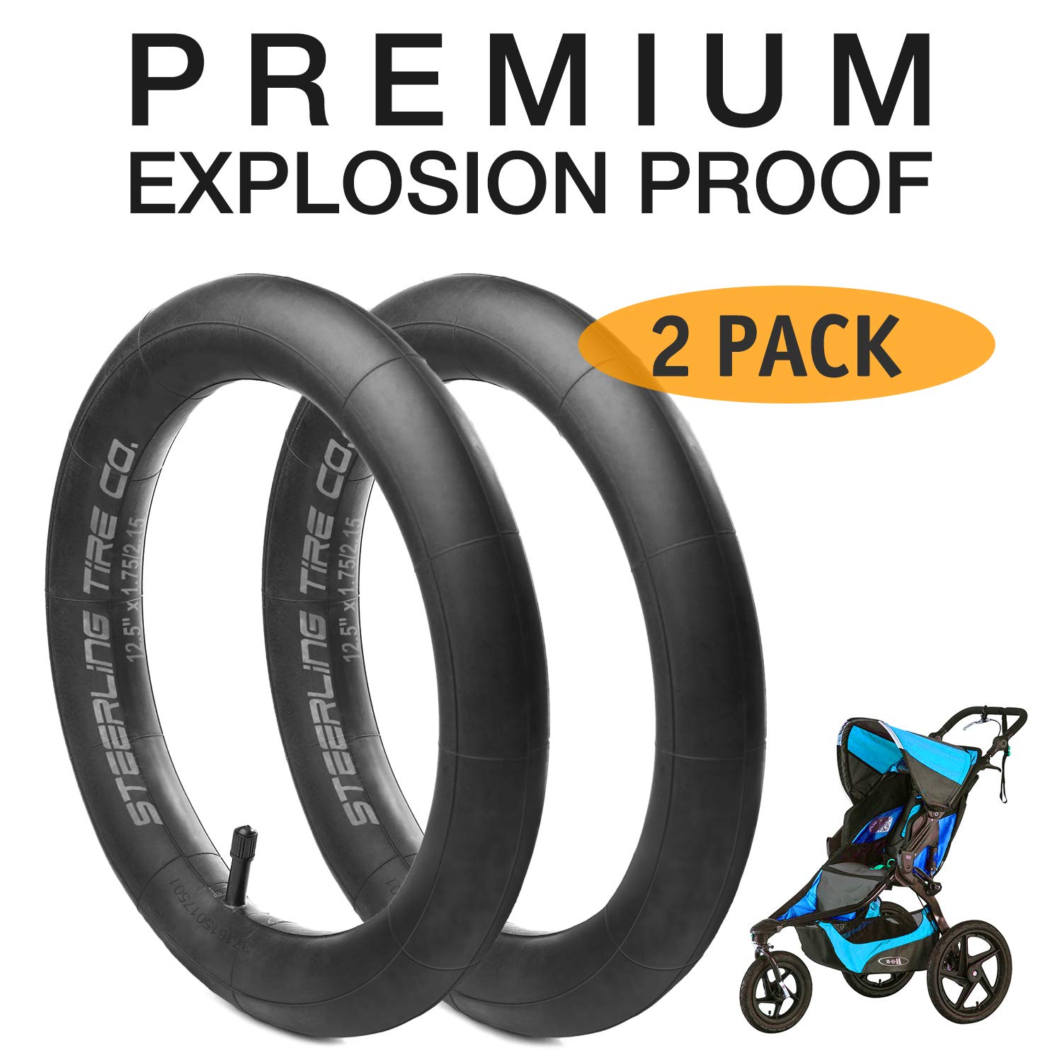 12.5'' x 1.75/2.25 Premium Explosion Proof Front Inner Tire Tube for All BOB Revolution Strollers, Stroller Strides & CE & AW - Perfect BOB Stroller TireTube Replacement [2 Pack] Steerling Tire Co.