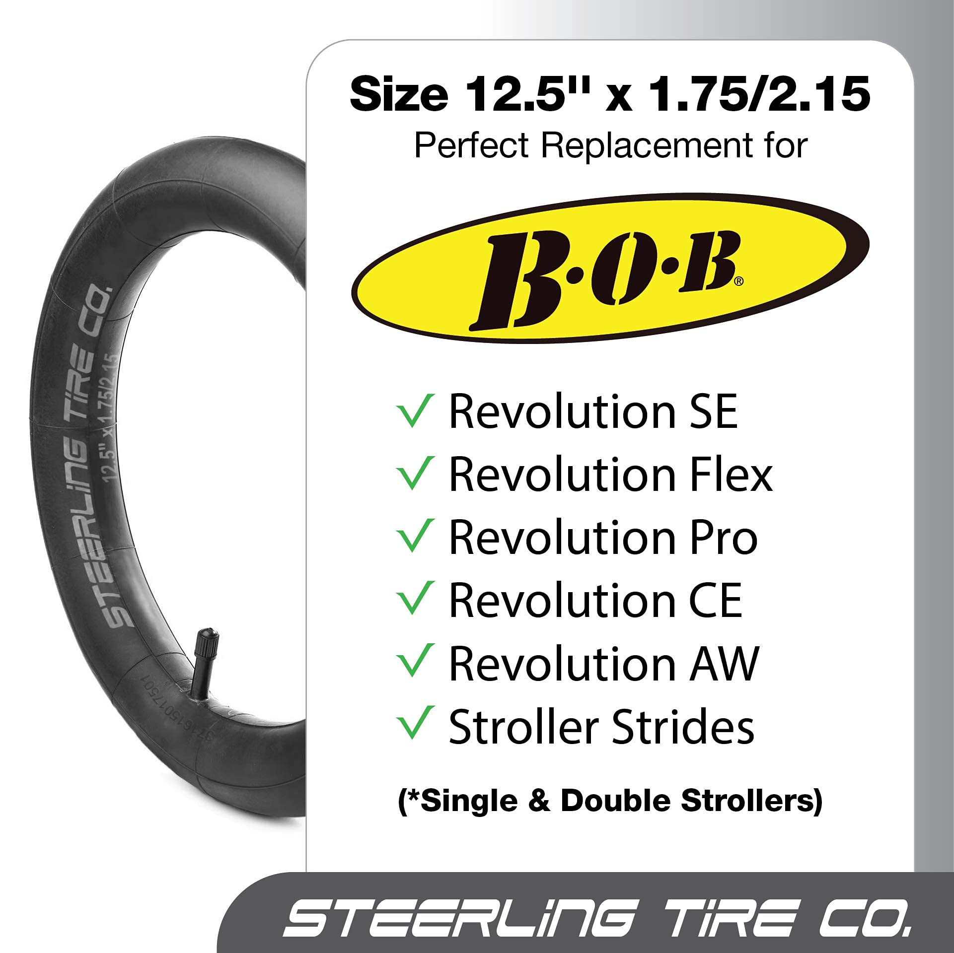 12.5'' x 1.75/2.25 Premium Explosion Proof Front Inner Tire Tube for All BOB Revolution Strollers, Stroller Strides & CE & AW - Perfect BOB Stroller TireTube Replacement [2 Pack] Steerling Tire Co.