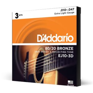 d'addario guitar strings - acoustic guitar strings - 80/20 bronze - for 6 string guitar - deep, bright, projecting tone - ej10-3d - extra light, 10-47 - 3-pack