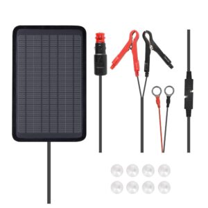 renogy 5w solar trickle charger portable battery maintainer with lighter plug/alligator clips/battery cables for car boat marine motorcycles truck