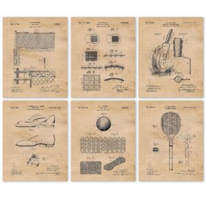 vintage tennis patent prints, 6 (8x10) unframed photos, wall art decor gifts under 25 for home atp wta office gears garage studio shop school gym college student teacher coach team champion champs fan