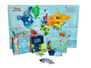 cocomoco kids world map game for kids -combo of 4 activities - learn geography world map poster for wall, country trump cards for kids, fake passport, travel scrapbook, birthday gift for boys, girls