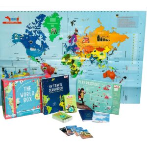 CocoMoco Kids World Map Game for Kids -Combo of 4 Activities - Learn Geography World Map Poster for Wall, Country Trump Cards for Kids, Fake Passport, Travel Scrapbook, Birthday Gift for Boys, Girls