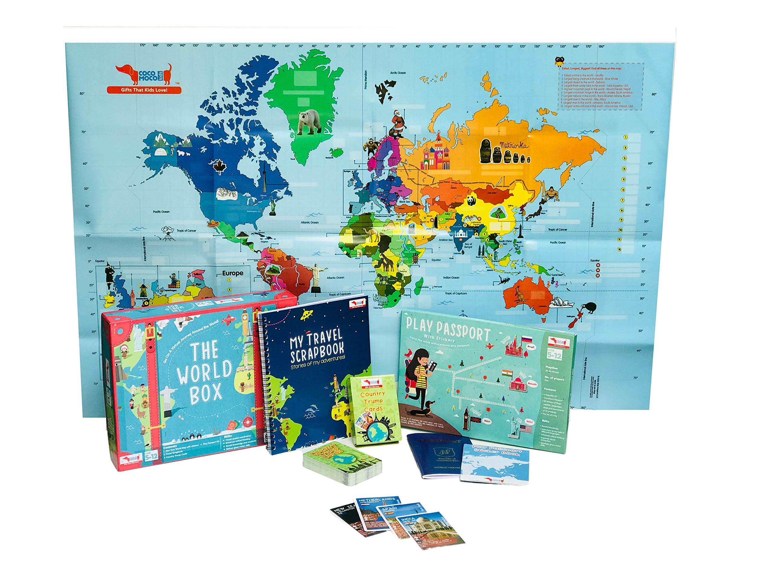 CocoMoco Kids World Map Game for Kids -Combo of 4 Activities - Learn Geography World Map Poster for Wall, Country Trump Cards for Kids, Fake Passport, Travel Scrapbook, Birthday Gift for Boys, Girls