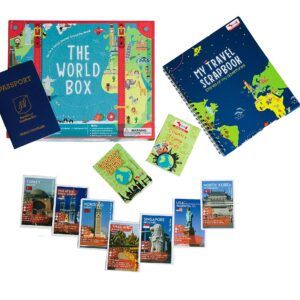 CocoMoco Kids World Map Game for Kids -Combo of 4 Activities - Learn Geography World Map Poster for Wall, Country Trump Cards for Kids, Fake Passport, Travel Scrapbook, Birthday Gift for Boys, Girls