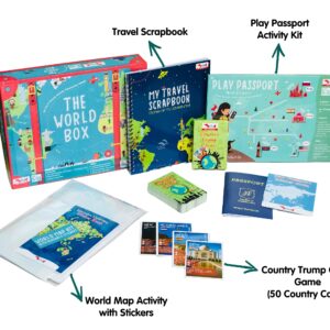 CocoMoco Kids World Map Game for Kids -Combo of 4 Activities - Learn Geography World Map Poster for Wall, Country Trump Cards for Kids, Fake Passport, Travel Scrapbook, Birthday Gift for Boys, Girls