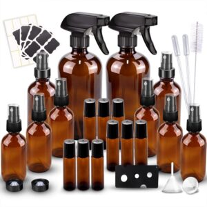 loretoy glass spray bottle kit×10 (2×16oz, 2×4oz, 6×2oz), 9×10ml roller bottles, anti uv, multi size and versatile, suitable for aromatherapy, facial moisturizing, watering, etc.(amber)