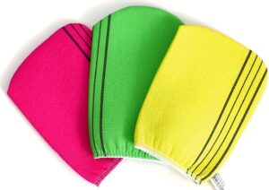 bastex exfoliating bath washcloth. genuine korean towel cloth used for exfoliating. exfoliator scrub mitten for bath and shower use - 3 pieces (6.7 inch x 5.2 inch). comes in yellow, pink and green