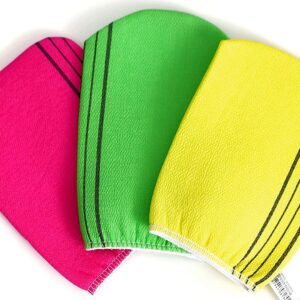 Bastex Exfoliating Bath Washcloth. Genuine Korean Towel Cloth Used for Exfoliating. Exfoliator Scrub Mitten for Bath and Shower Use - 3 Pieces (6.7 inch x 5.2 inch). Comes in Yellow, Pink and Green