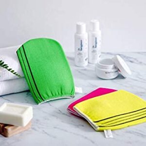 Bastex Exfoliating Bath Washcloth. Genuine Korean Towel Cloth Used for Exfoliating. Exfoliator Scrub Mitten for Bath and Shower Use - 3 Pieces (6.7 inch x 5.2 inch). Comes in Yellow, Pink and Green