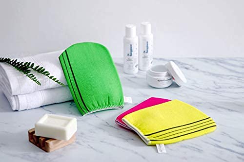 Bastex Exfoliating Bath Washcloth. Genuine Korean Towel Cloth Used for Exfoliating. Exfoliator Scrub Mitten for Bath and Shower Use - 3 Pieces (6.7 inch x 5.2 inch). Comes in Yellow, Pink and Green