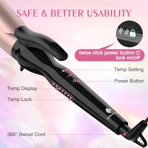 MiroPure Curling Iron, 1 1/2 Inch Hair Curling Iron with Ceramic Coating, Professional Curling Wand, Fast Heating up to 450°F, Wide Voltage for Worldwide, Temperature Lock & 60 Mins Auto Off