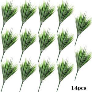 Ageomet 14pcs Fake Grass Plant, Artificial Outdoor Plants UV Resistant, Wheat Bushes Plastic Artificial Shrubs, Faux Greenery for House Garden Patio Front Porch Indoor Decor