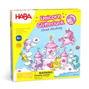 haba unicorn glitterluck cloud stacking - a cooperative roll & move dexterity game for ages 4 and up (made in germany)