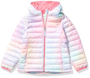 amazon essentials girls' lightweight water-resistant packable hooded puffer jacket, pink ombre, x-large