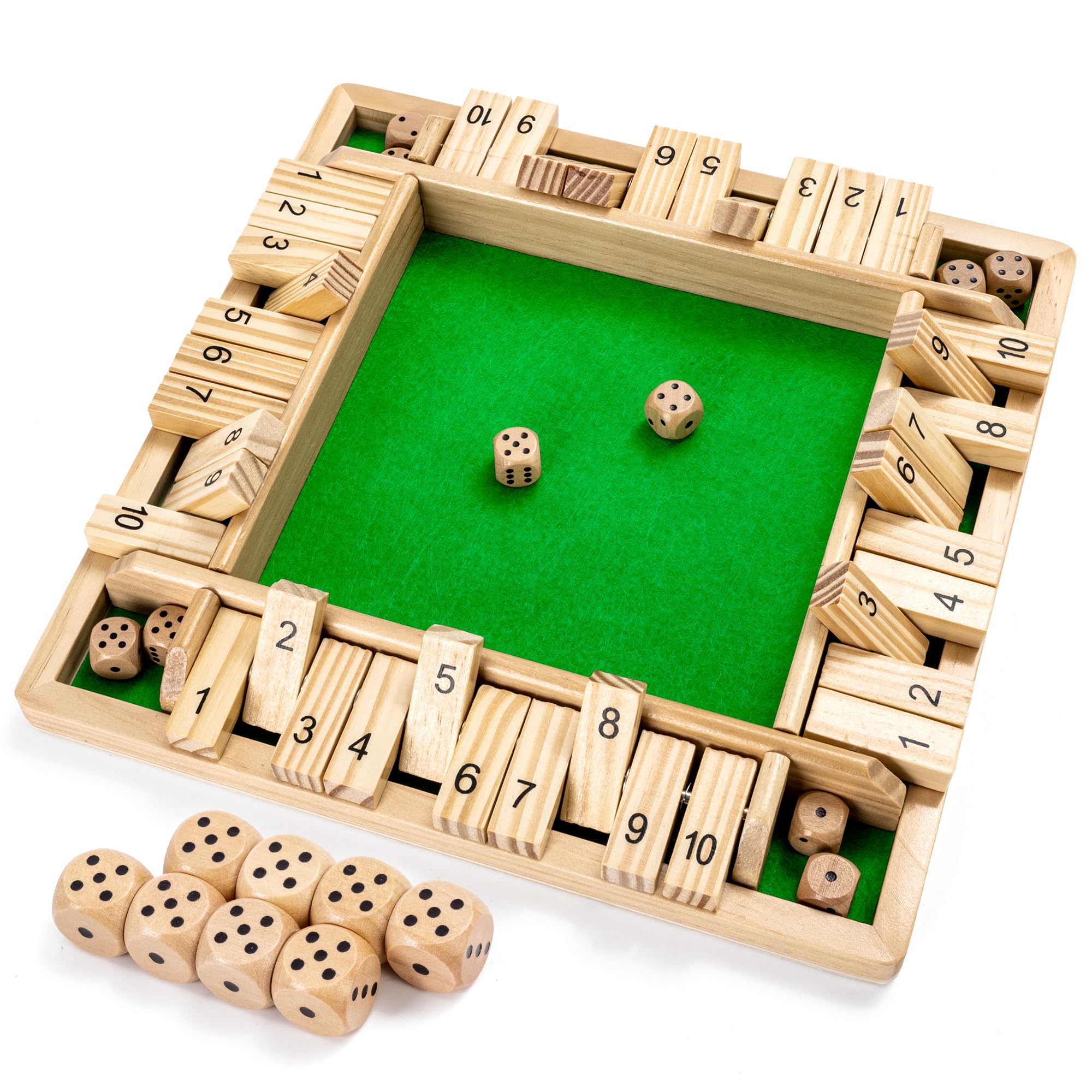 ropoda Wooden Shut The Box Game (2-4 Players) - Large 4 Sided Board, 8 Dice, Rules - Amusing Addition Game for Kids & Adults, 12 Inch