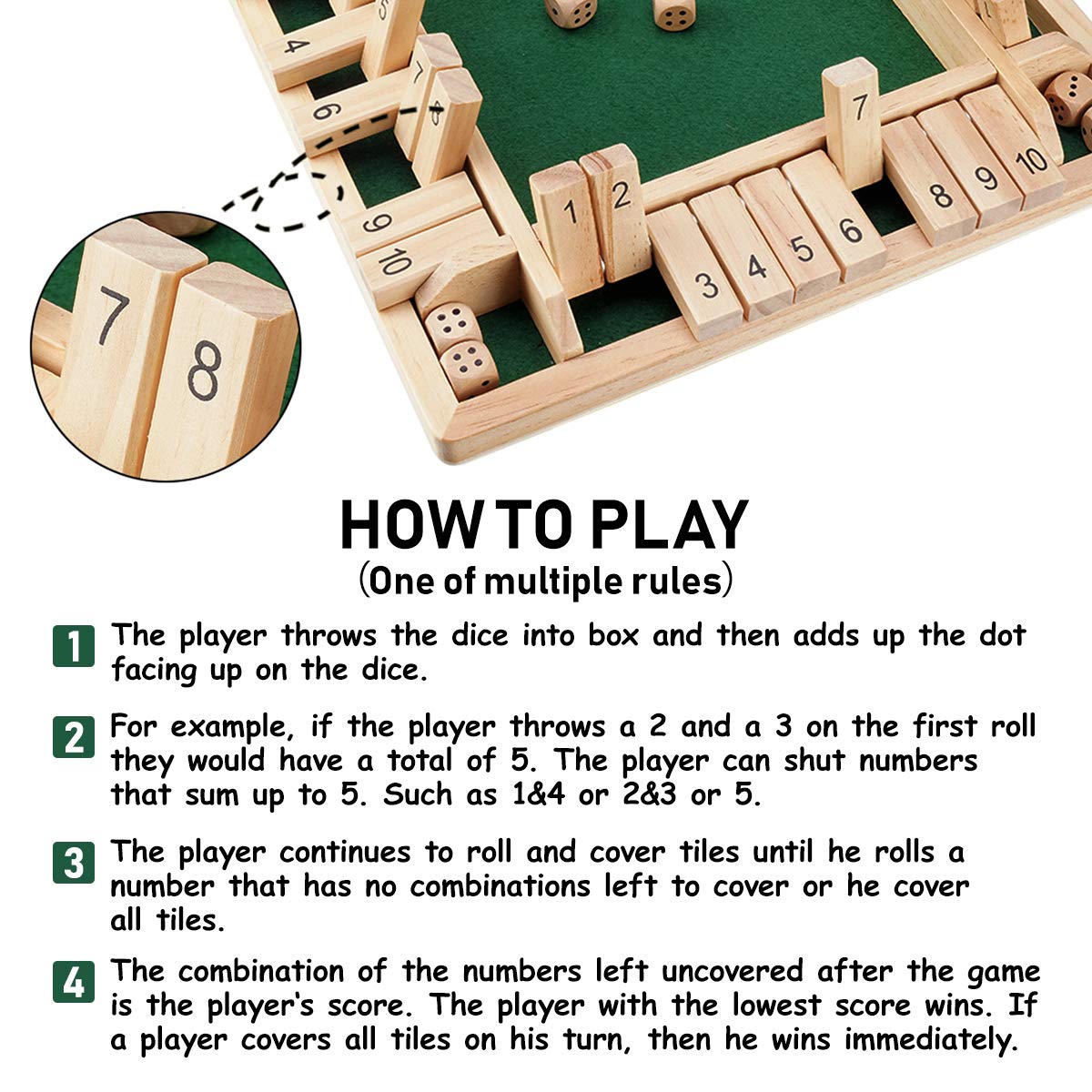 ropoda Wooden Shut The Box Game (2-4 Players) - Large 4 Sided Board, 8 Dice, Rules - Amusing Addition Game for Kids & Adults, 12 Inch