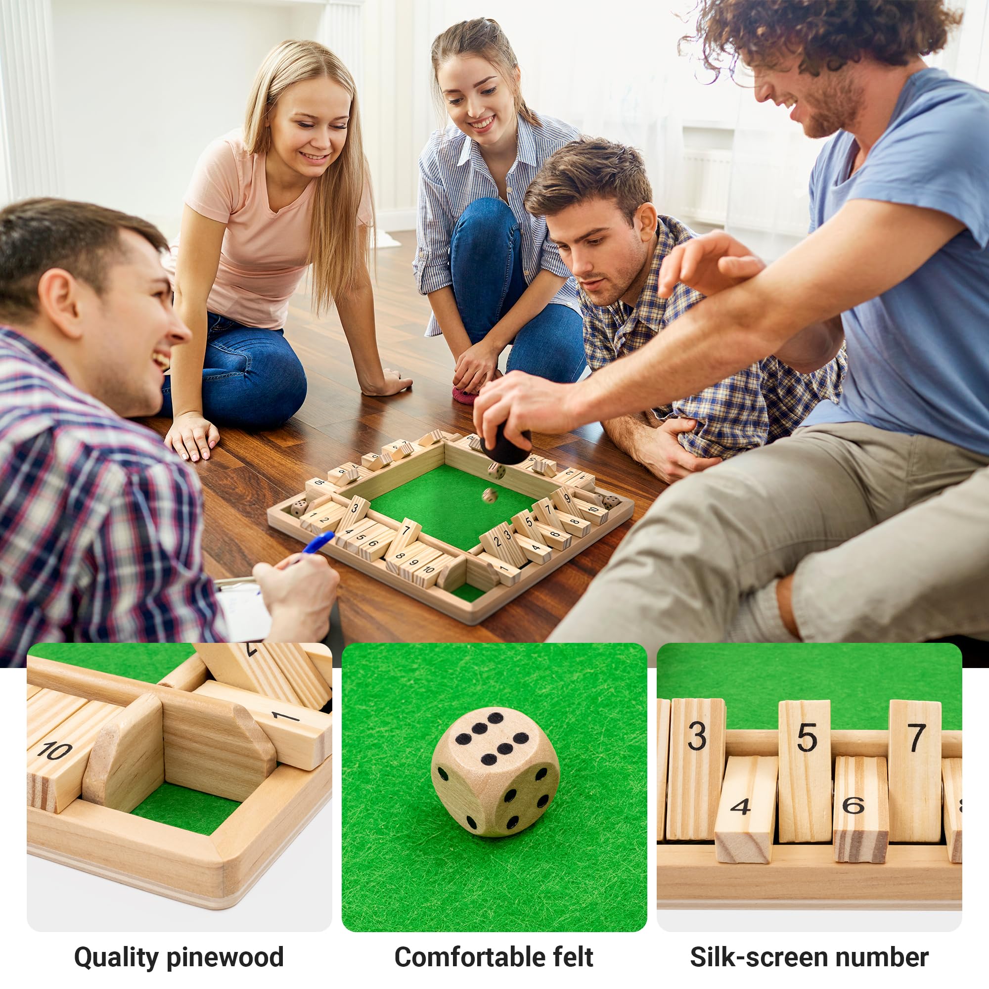 ropoda Wooden Shut The Box Game (2-4 Players) - Large 4 Sided Board, 8 Dice, Rules - Amusing Addition Game for Kids & Adults, 12 Inch