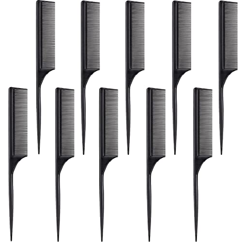 10 Pieces Rat Tail Comb Styling Carbon Heat Resistant Comb Anti Static Teasing Comb for Back Combing Root Teasing Adding Volume Evening Styling Black