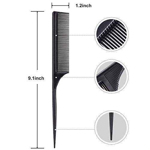 10 Pieces Rat Tail Comb Styling Carbon Heat Resistant Comb Anti Static Teasing Comb for Back Combing Root Teasing Adding Volume Evening Styling Black