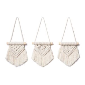 mkono mini macrame wall hanging set of 3 cute boho christmas tree decoration car ornaments woven art decor for nursery bathroom bedroom living room dorm home idea, 3.5''w x 4''h, x-small