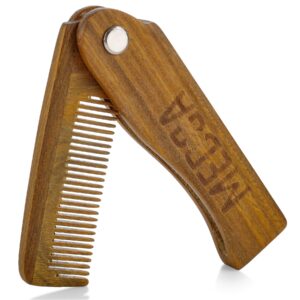 folding wooden comb - 100% solid beech wood - fine tooth pocket sized beard, mustache, head hair brush combs for men with any hair types - travel, styling & detangler