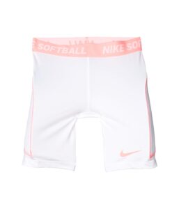 nike girl's dry softball slider shorts (big kids) white/sunset pulse/sunset pulse lg (14 big kid)