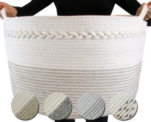 cotton rope storage basket - xxl basket 20"x14", large decorative baskets for blankets in living room,throw blanket basket, large blanket basket for living room, off white-brown stitches