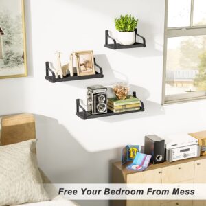 Love-KANKEI Floating Shelves Wall Mounted Rustic Wood Wall Shelves Set of 3 for Bedroom Living Room Bathroom Kitchen Black