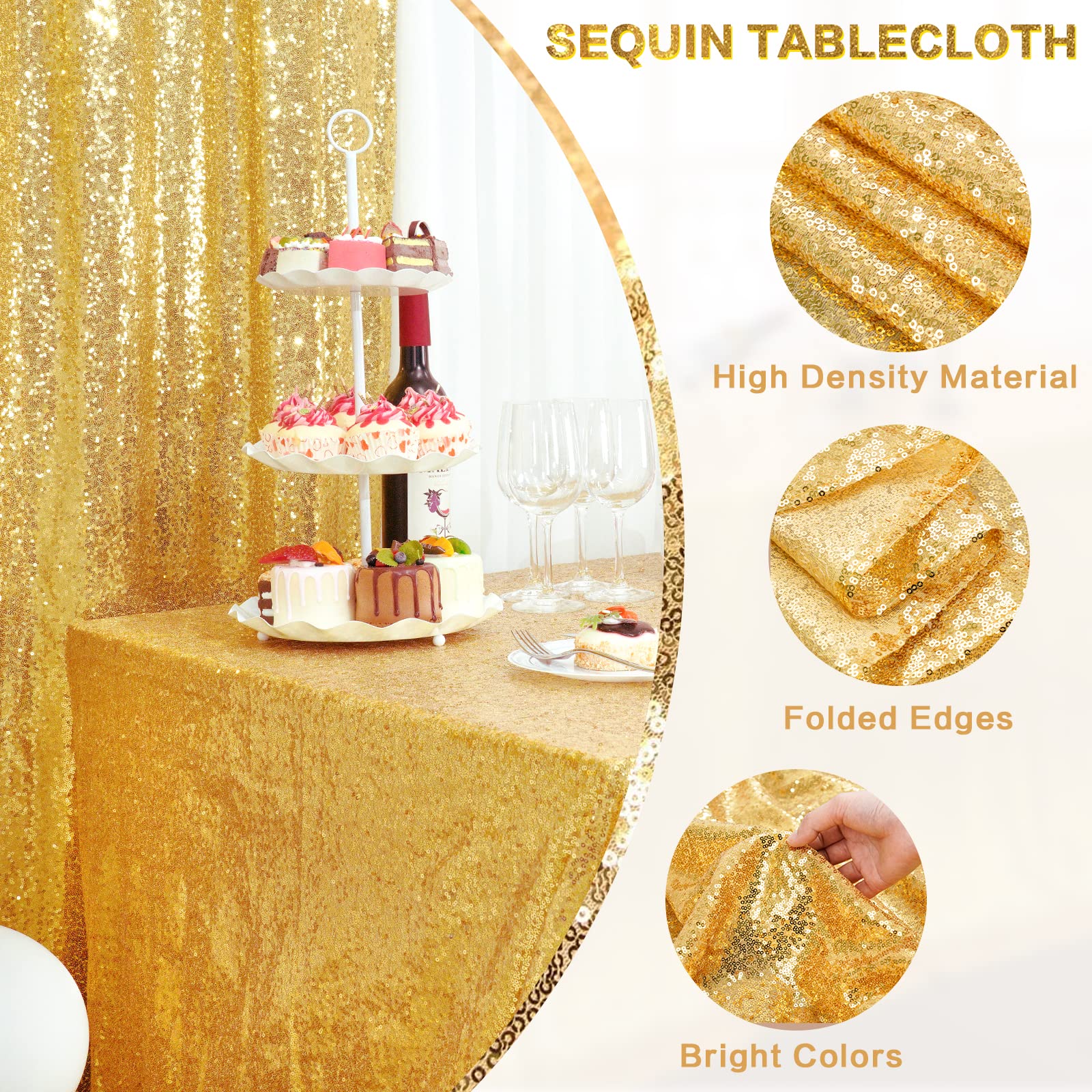 GFCC Seamless Sparkle Gold Sequin Tablecloth for Glitter Party Wedding Event Banquet Christmas Event Table Cover Decor 90x132-inch Glitter Cake Table Cloth