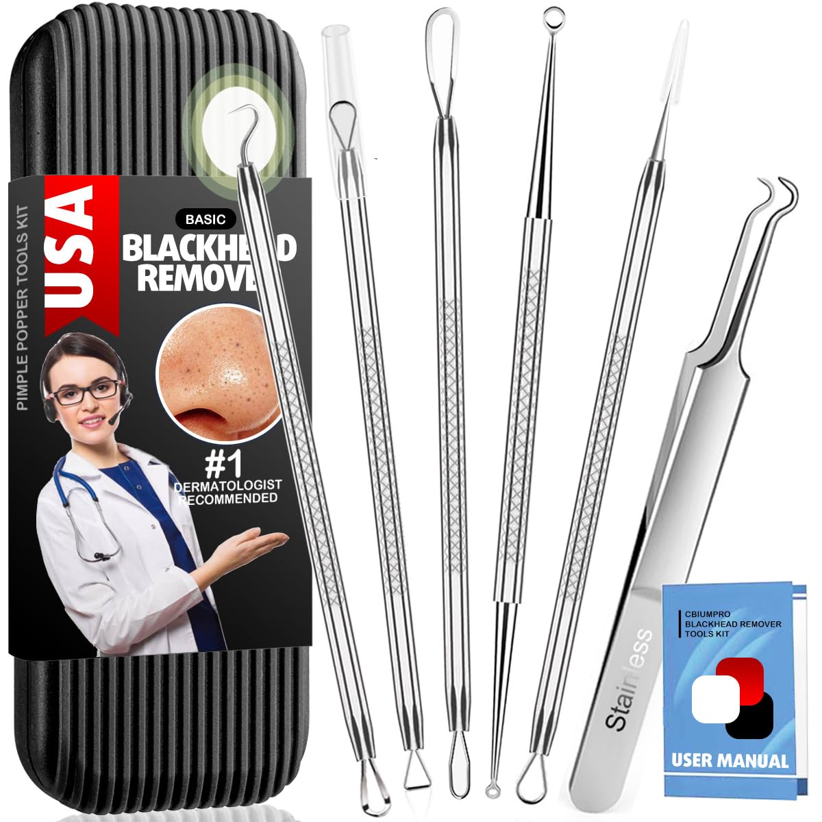 Cbiumpro Blackhead Remover Tools, Pimple Popper Tool Kit, Blackhead Extractor Tool, Zit Popper Tool, Professional Pimple Extractor Tool for Blackhead, Acne, Whitehead, Comedone on Nose - with Case