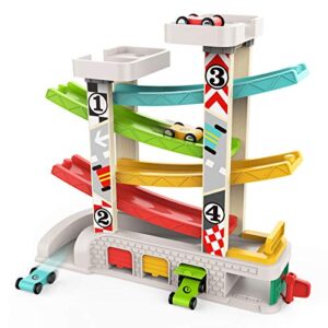 top bright car ramp toy for 2 3 year old boy gifts, toddler race track toy for 18 month old with 4 wooden cars and 3 car garage