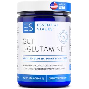 essential stacks gut l-glutamine powder - made in usa - pure l glutamine powder for gut health - dairy, soy & gluten free, non-gmo, vegan glutamine supplement