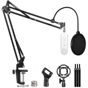 microphone stand for blue yeti, quadcast boom arm scissor mic stand with windscreen and double layered screen pop filter heavy duty mic boom scissor arm stands, broadcasting and recording.game