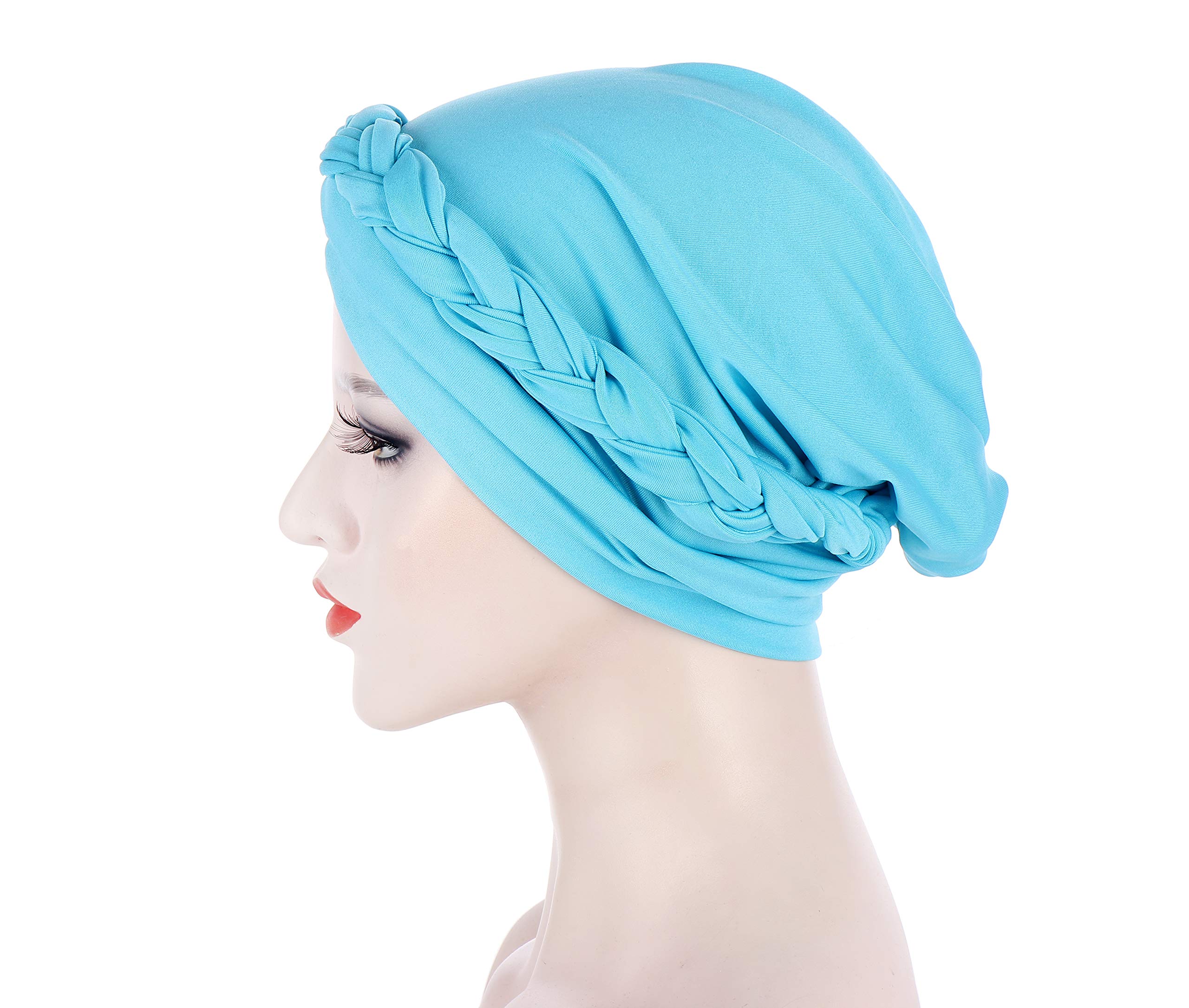 Fxhixiy Hijab Braid Silky Turban Hats for Women Cancer Chemo Beanies Cap Headwrap Headwear (Lake Blue)