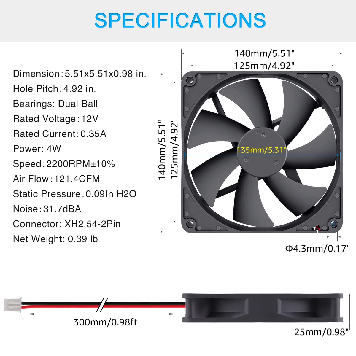 GDSTIME 12V Cooling Fan 1425, 140mm x 25mm Dual Ball Bearings Brushless Cooler Fan