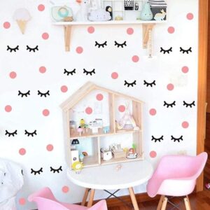 IARTTOP Lovely Eyelash Wall Decal with Pink Dots Wall Sticker (98Pcs), Adorable Sleepy Eye Eyelash Vinyl Decal for Kids Bedroom Decor, Sleepy Lash Decals Wall Art Makeup Sticker for Girls Room